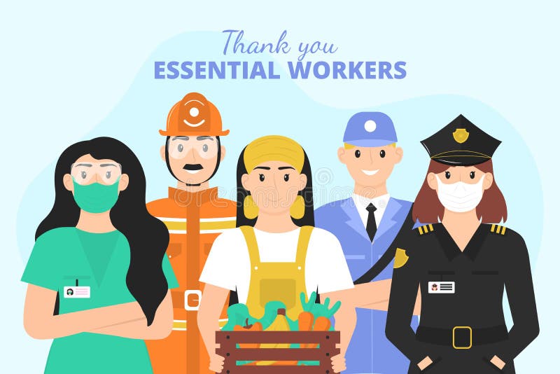 Thank You Essential Workers, Team Employees Cartoon Character, Wearing Face Masks, Various ...