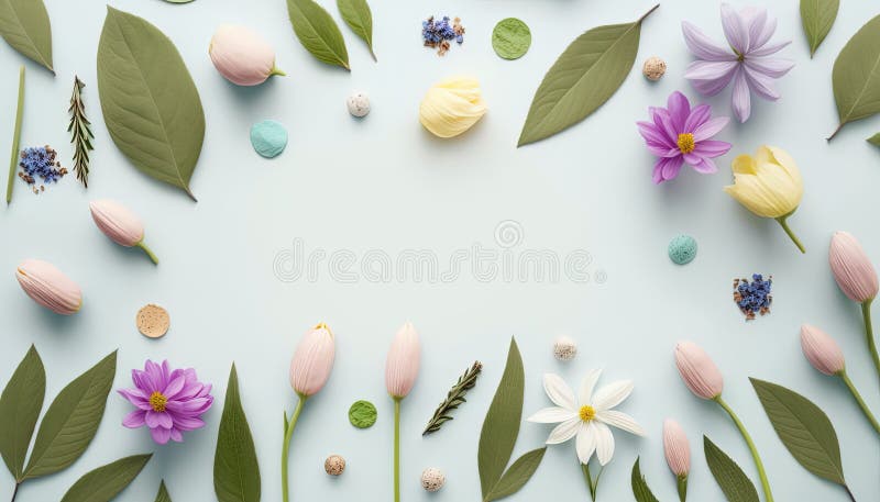 Organic Floral of Flat Lay Flowers and Leaves on a White Background ...