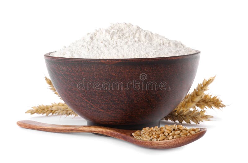 Organic Flour in Bowl, Spoon with Grains of Wheat and Spikelets on ...