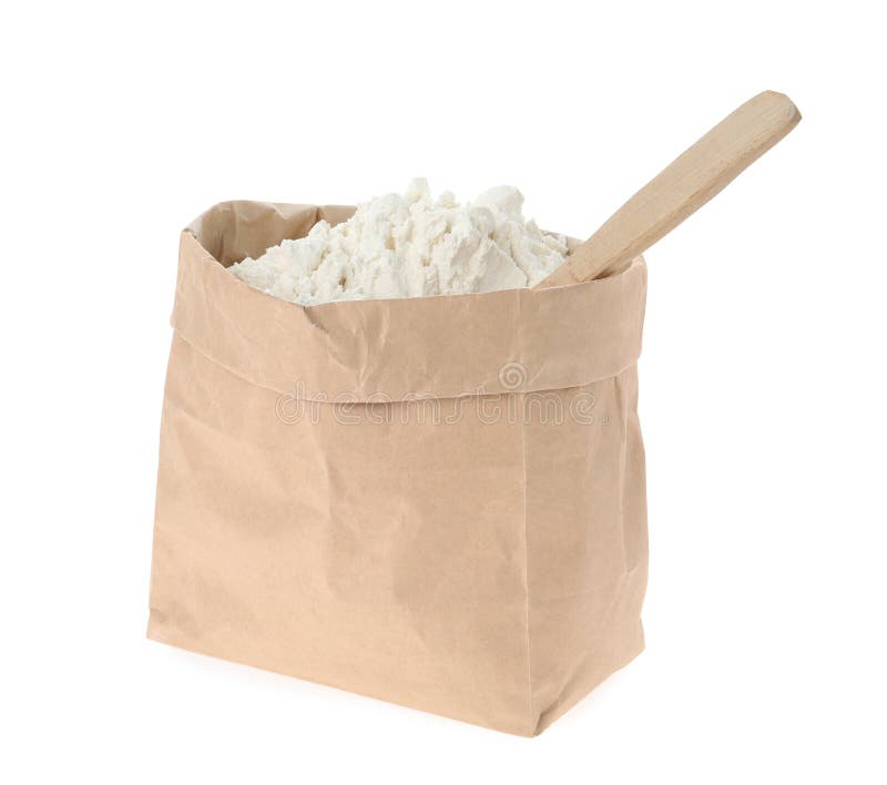 Organic Flour and Spoon in Paper Bag on White Stock Photo - Image of ...