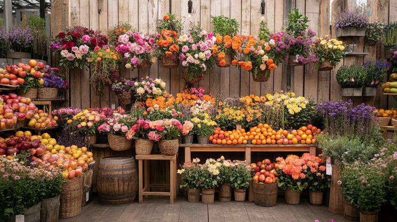 Organic Flowers and Fresh Fruits in Rustic Stalls. Stock Photo - Image ...