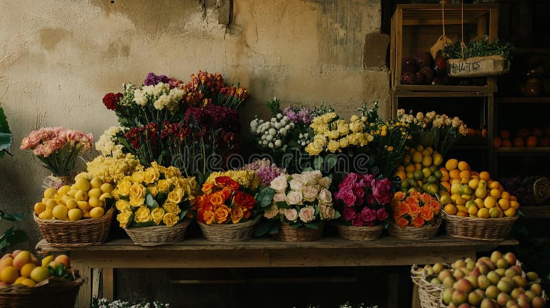 Organic Flowers and Fresh Fruits in Rustic Stalls. Stock Photo - Image of organic, sell: 382745994