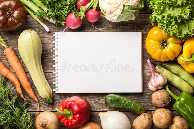 Organic Fresh Vegetables on Wooden Table Stock Photo - Image of notepad ...