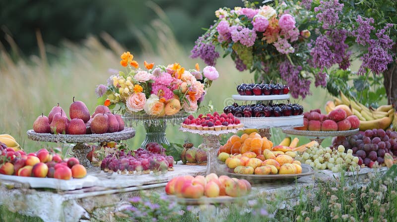Organic Fruit and Flower Wedding Dessert Table in a Meadow . Stock ...