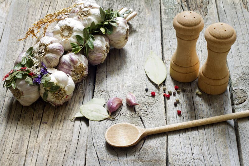 Organic Garlic in the Kitchen on the Wooden Table Stock Photo - Image ...