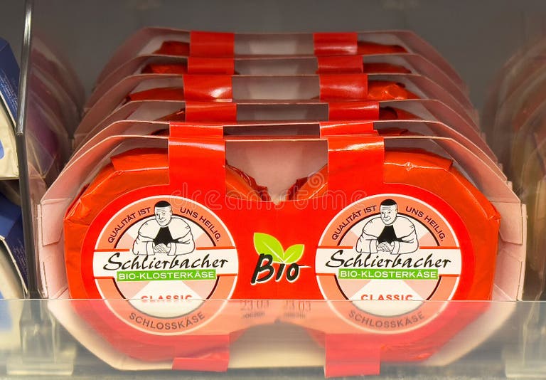 Organic German Cheese Packages with Red Packaging on Display in Store ...