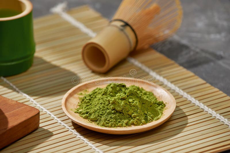 Organic Green Matcha Tea on Wooden Table, Copyspace Stock Image - Image ...