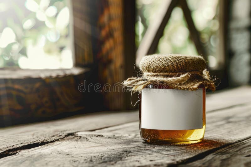 Organic Honey Jar on Rustic Wooden Table with Blank Label Stock Photo ...