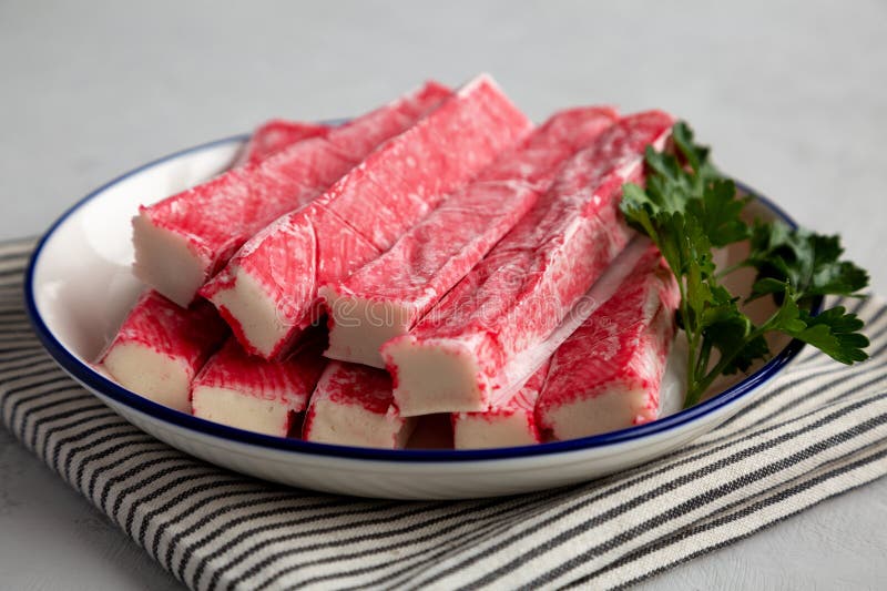 Organic Imitation Crab Meat Sticks on a Plate, Side View Stock Image ...