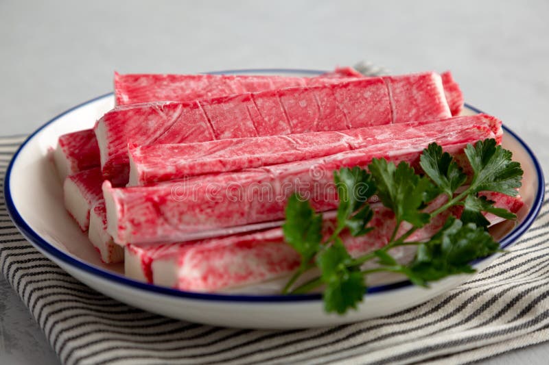 Organic Imitation Crab Meat Sticks on a Plate, Side View Stock Image ...