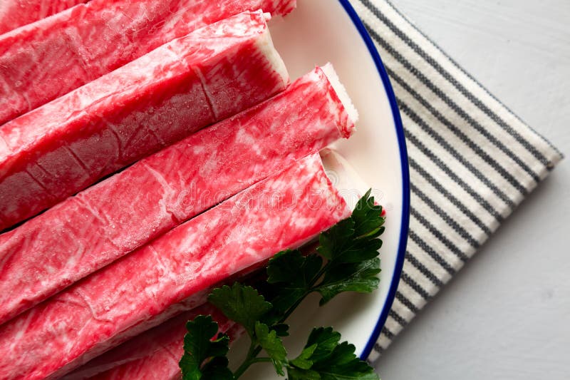 Organic Imitation Crab Meat Sticks on a Plate, Top View Stock Image ...