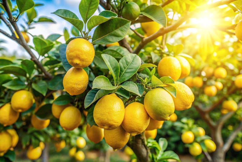 Organic Lemons Growing on Lemon Tree Stock Illustration - Illustration ...