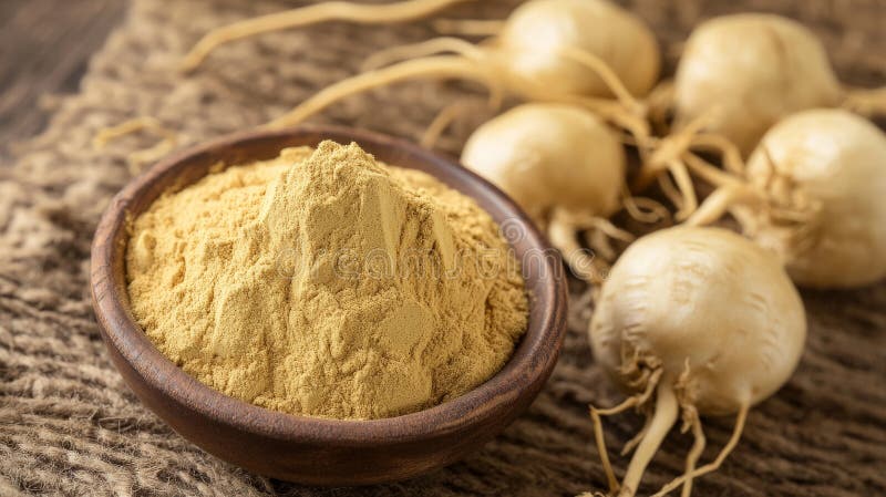 Organic Maca Root Powder and Fresh Roots on Rustic Fabric Surface Stock ...