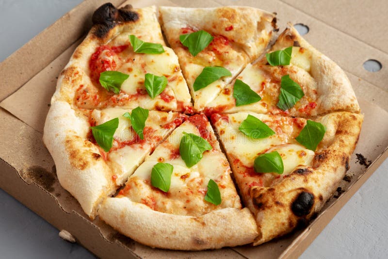 Organic Margarita Pizza with Basil and Mozarella in a Box Stock Image ...
