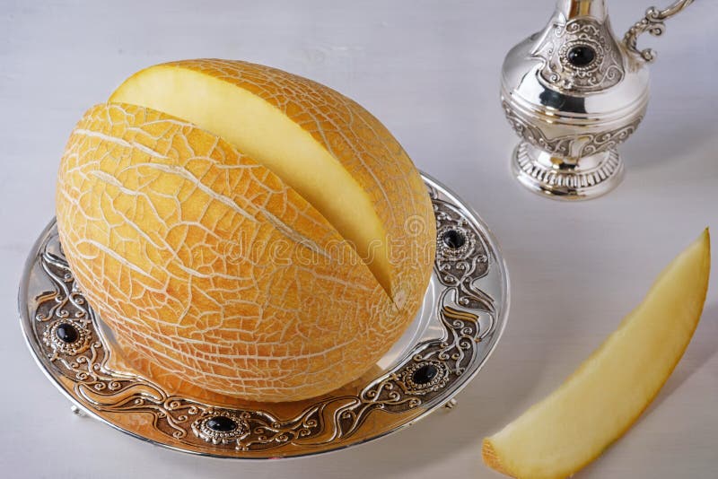 Organic Melon Cut Pieces Sitting on a Silver Tray Stock Image - Image ...