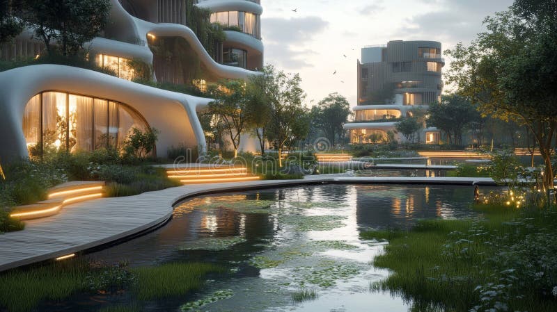 Organic Modern Architecture with Illuminated Pathways and Water ...
