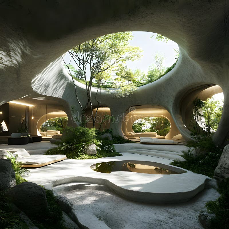 Organic Modern Cave Like Interior with Lush Greenery and Tranquil Water ...