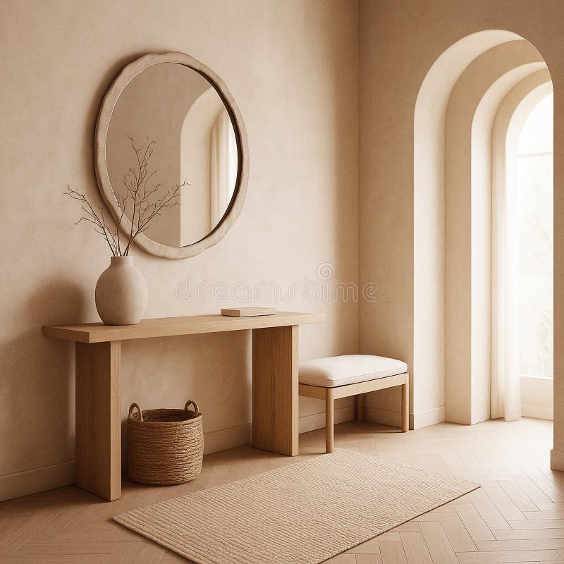 Organic Modern Entryway with Console and Arched Doorway Stock ...