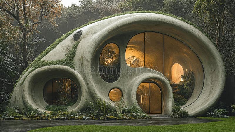 Organic Modern House Design with Stone Facade and Large Windows Stock ...