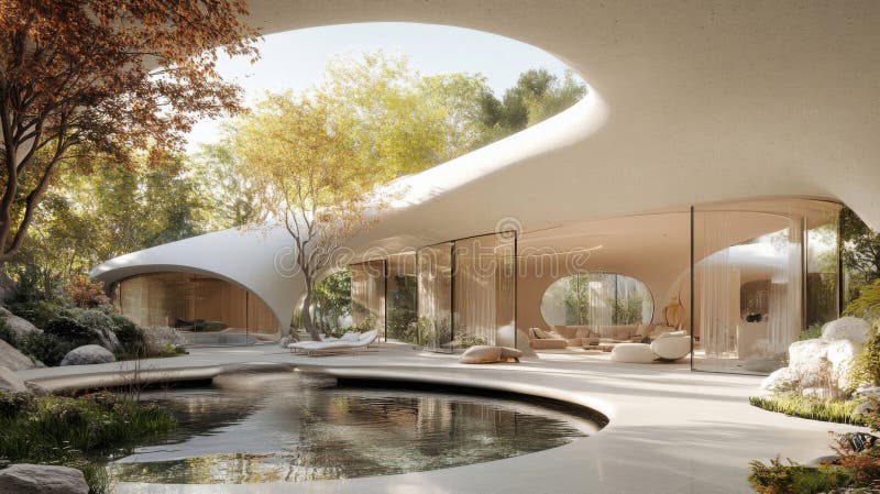 Organic Modern House with Serene Garden and Reflecting Pond Stock ...