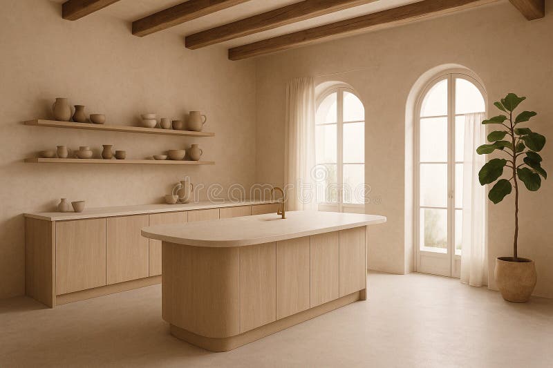 Organic Modern Kitchen with Arched Windows and Sculptural Island Stock ...