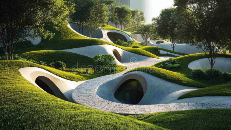 Organic Modern Landscape Design with Winding Pathways and Lush Greenery ...