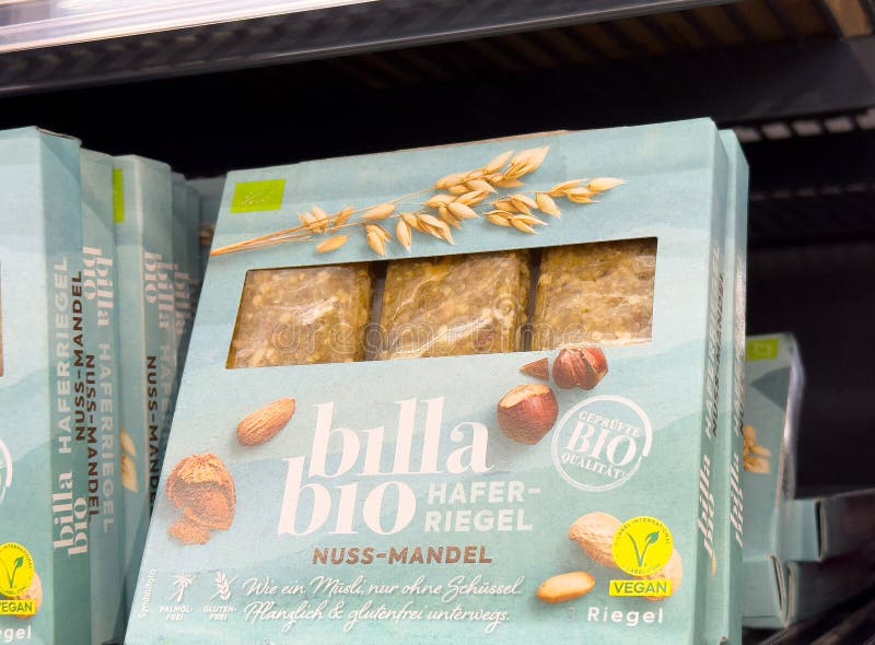 Organic Oat Bar Packaging with Nuts and Vegan Label on Store Shelf ...