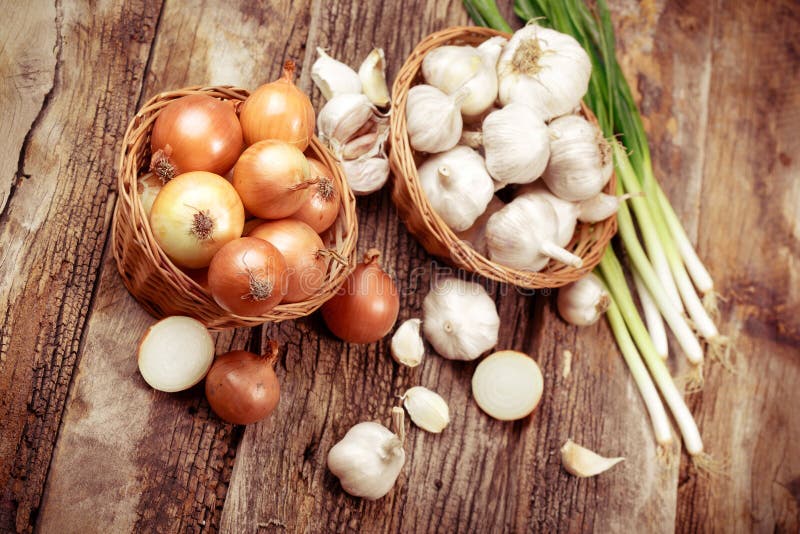 Organic Onion, Spring Onion and Garlic on Table Stock Photo - Image of ...