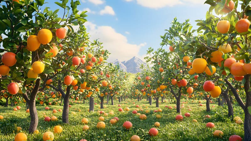 Orchard Trees Full of Various Fruits Stock Illustration - Illustration ...