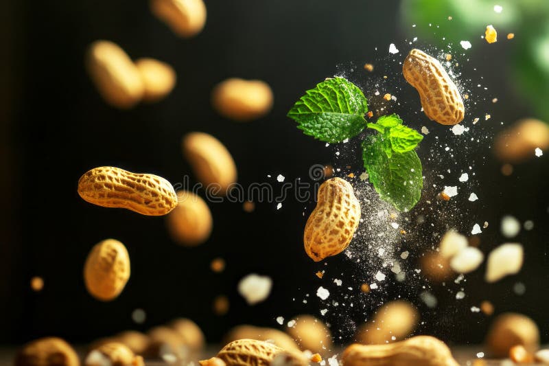 Organic Peanuts Gently Float in Midair, Surrounded by Salt Particles ...