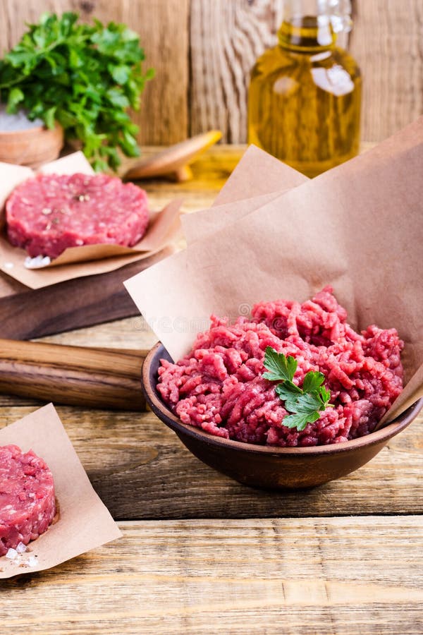 Organic Raw Ground Beef Meat and Burger Steak Cutlets Stock Image ...
