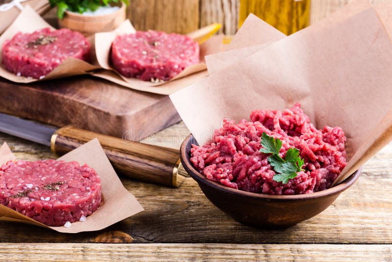 Organic Raw Ground Beef Meat and Burger Steak Cutlets Stock Image ...