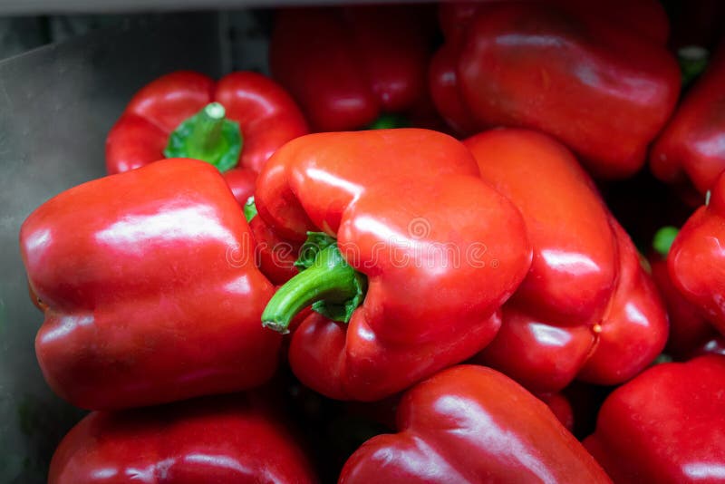 Organic Red Bell Peppers in Market Place Stock Photo - Image of group ...