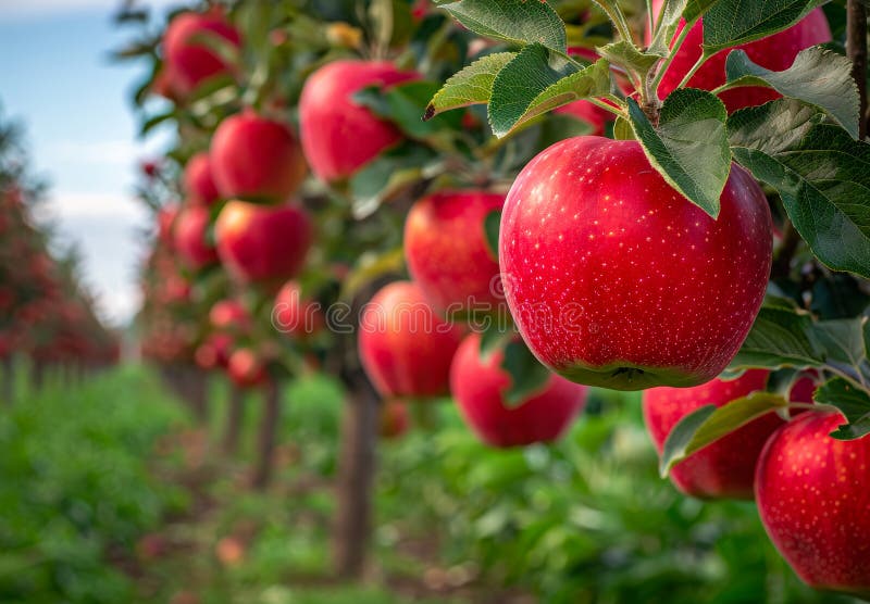 Organic Red Ripe Apples on the Orchard Tree with Green Leaves Stock ...