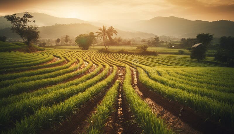 Organic Rice Growth in Tranquil Bali Landscape Under Sunset Sky ...