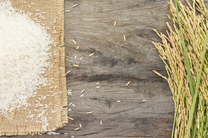 Organic Rice or Jasmine Rice on a Wooden Floor, Top View Stock Image ...