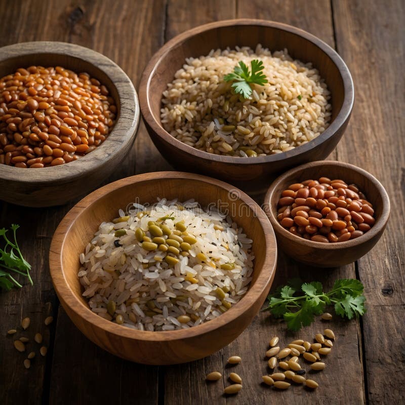 Organic Rice, Lentils, and Beans Displayed in Wooden Bowls on a Rustic ...