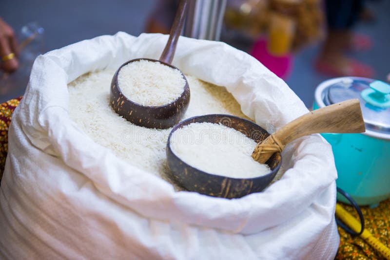 Organic Rice in Sacks in Market Stock Image - Image of rice ...