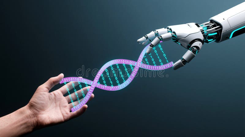 Organic and Robotic Hands Exchange Flowing Binary Code and a DNA Strand ...