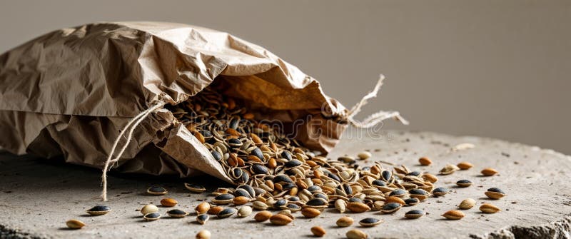 Organic Seeds Spilling from a Biodegradable Paper Bag. Stock Photo ...