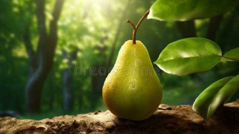 Organic Simplicity: a Captivating Pear on a Log in a Lush Forest Stock ...