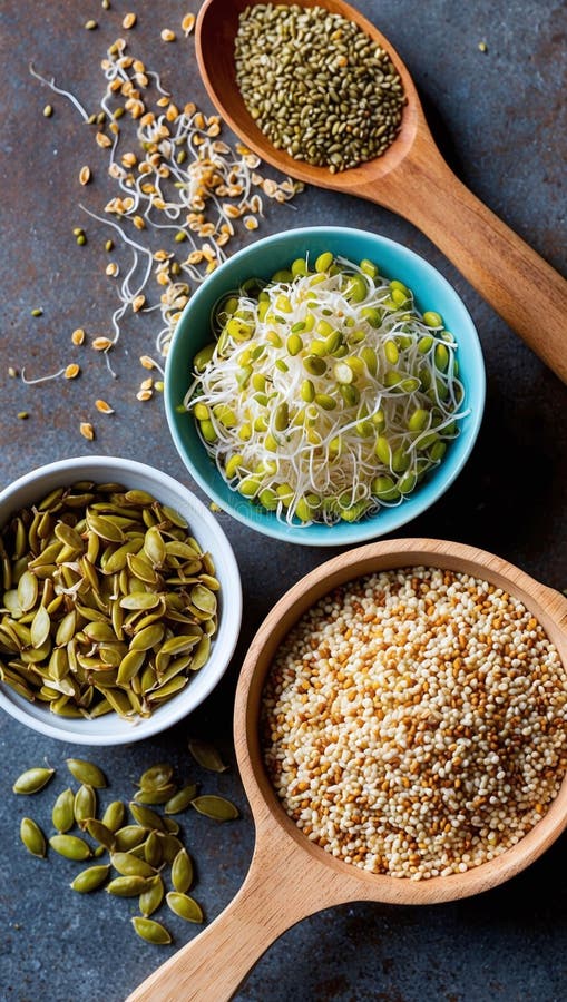 Organic Sprouted Grains and Seeds on a Rustic Kitchen Counter Stock ...