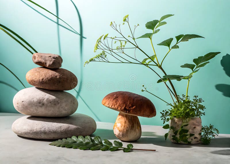 Organic Still Life with Stones, Greenery, and Mushroom Stock Photo ...