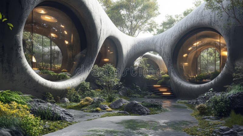 Organic Stone Architecture with Circular Windows and Lush Greenery ...