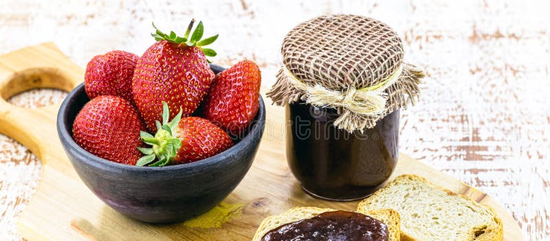 Organic Strawberry Jam on Rustic White Wooden Table, Spot Focus Stock ...