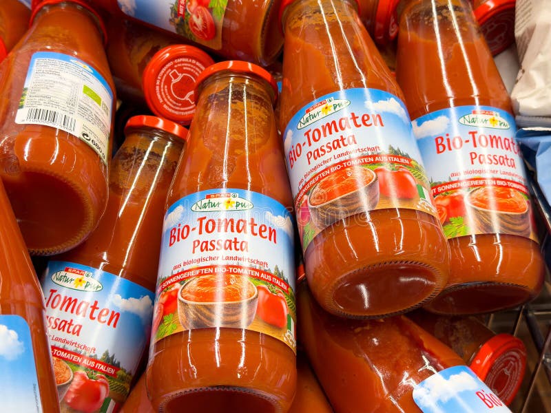 Organic Tomato Passata Bottles in Grocery Store Display Editorial Stock ...