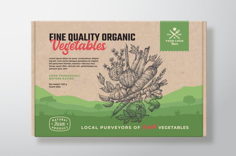 Organic Vegetables Vector Packaging Label Design on a Craft Cardboard ...