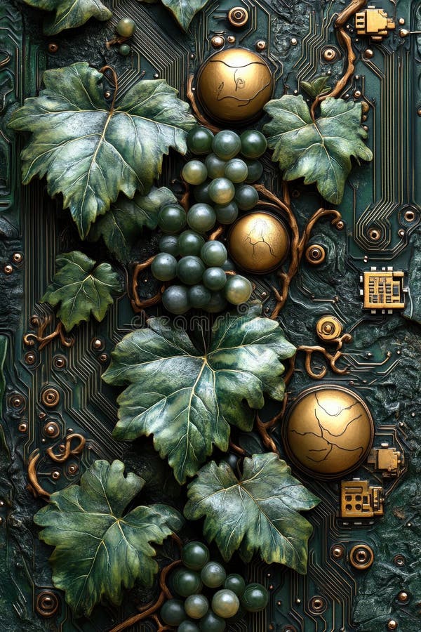 Organic Vine Forms Interwoven with Intricate Circuit Board Patterns ...