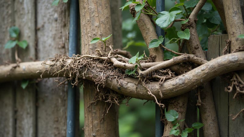 Organic Vine Intertwined with Metal Fence Roots Clinging Stock ...