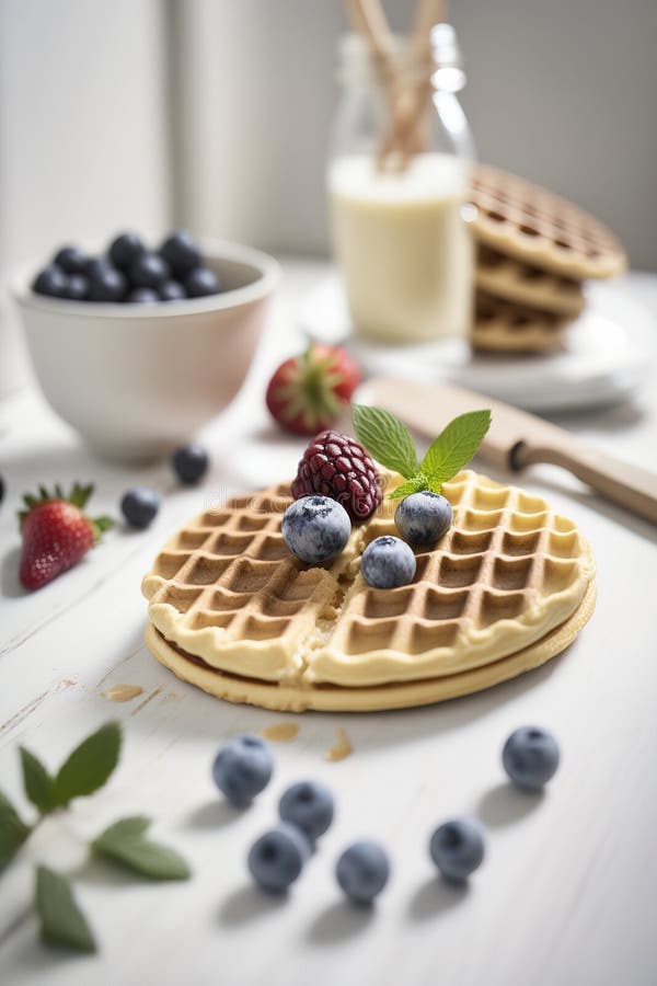 Organic Waffles with Blueberry on White Table. Generative AI Stock ...